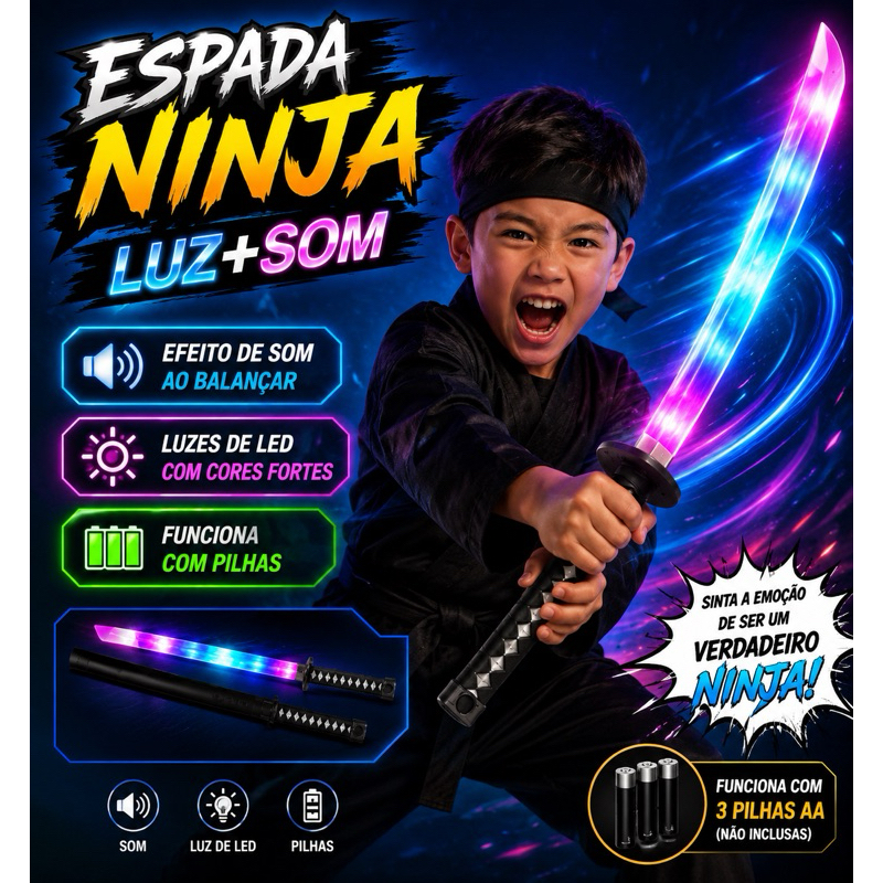 Espada Ninja Samurai Infantil 70cm LED Luz e Som Sensor Movimento ...