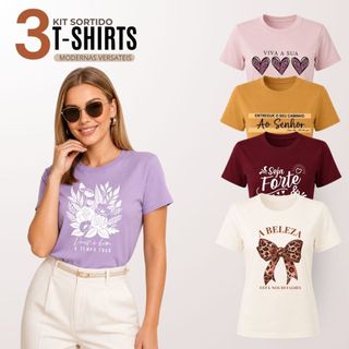 Kit 3 Blusas Feminina Algodão Malha Premium Manga Curta Gola Redonda ...