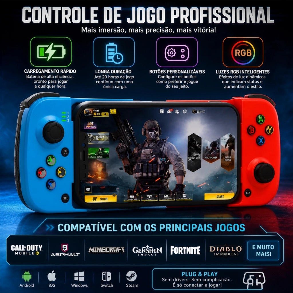 Controle Gamepad Bluetooth 5.3 Sem Fio joystick Retro Game Sem Delay ...