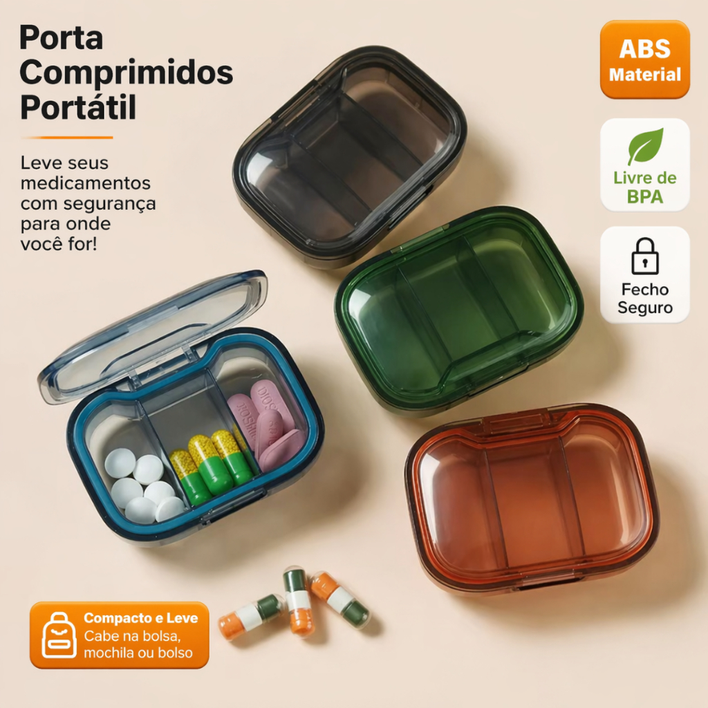 Porta Comprimidos Portátil ABS Antiumidade 3 Divisórias Organizador de ...