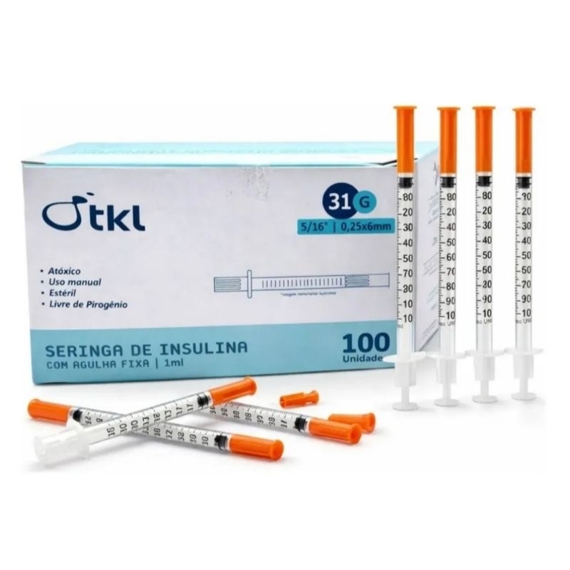 Seringa Insulina 1mL 100 UI agulha fixa 6 x 0.25 31G¼ (insulina/botox ...