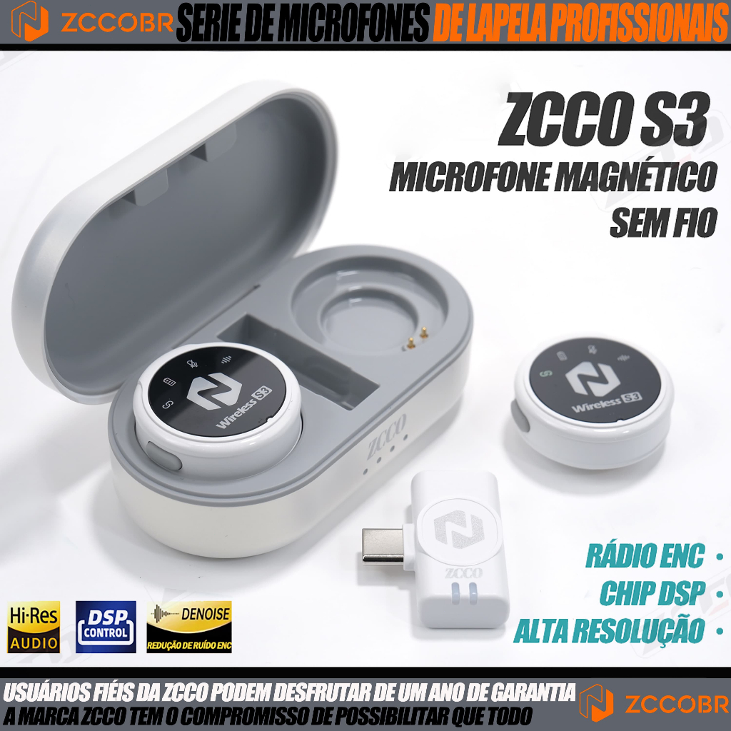 ZCCOBR S3 Microfone Lapela Sem Fio Profissional Magnético Cancelamento ...