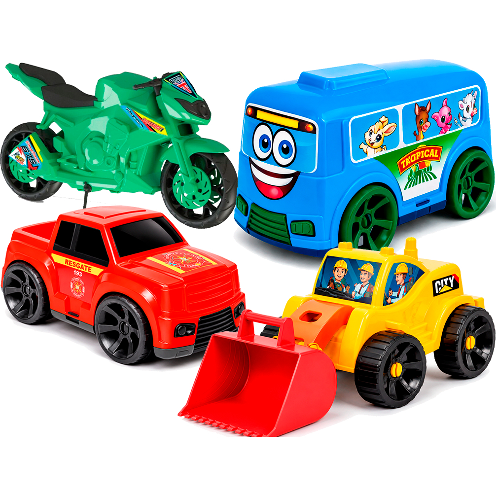 Kit C/ 4 VEÍCULOS ONIBUS CARRO BOMBEIRO MOTO SPEED TRATOR BRINQUEDO DE ...
