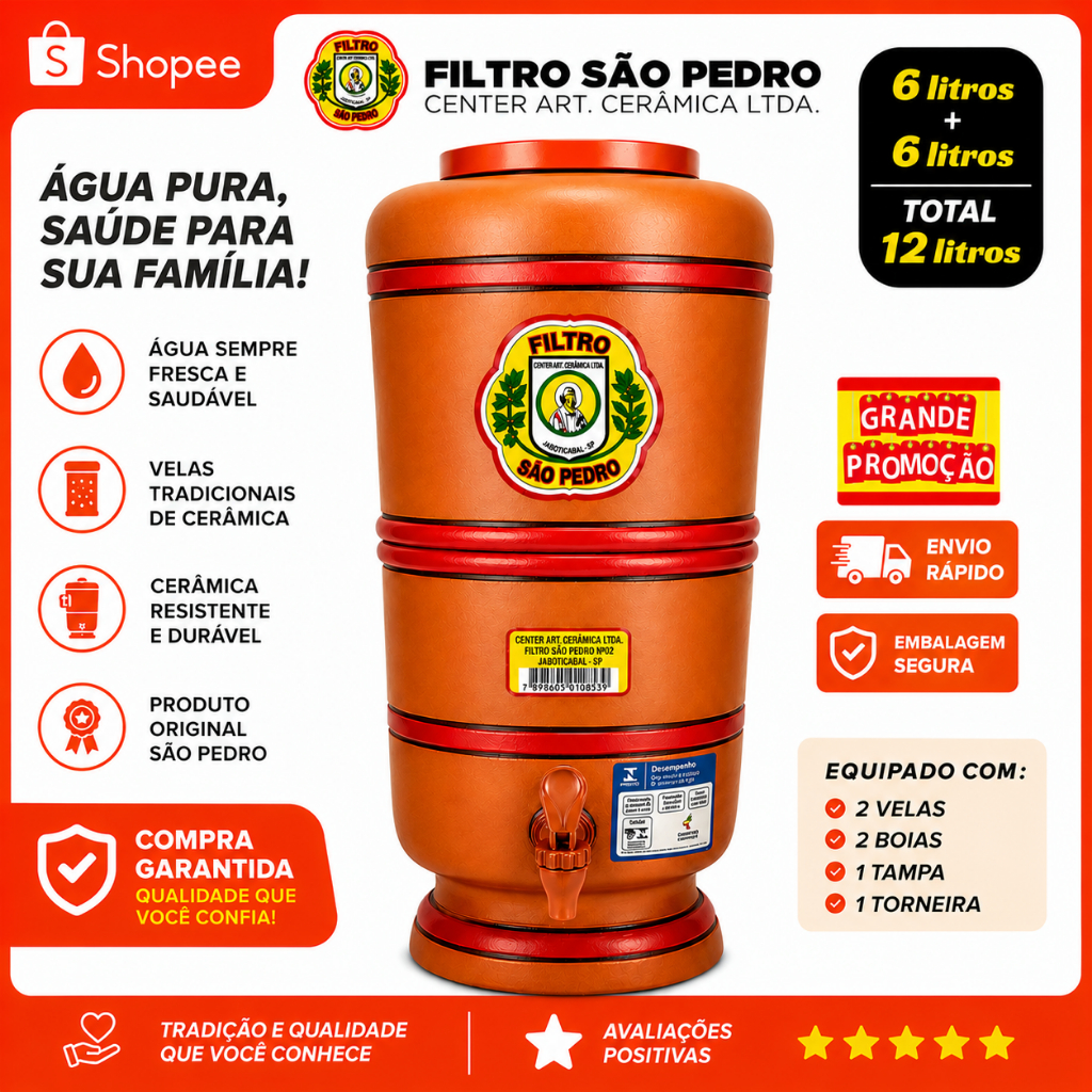 filtro de barro /água são pedro12 litros total 6+6 original completo ...