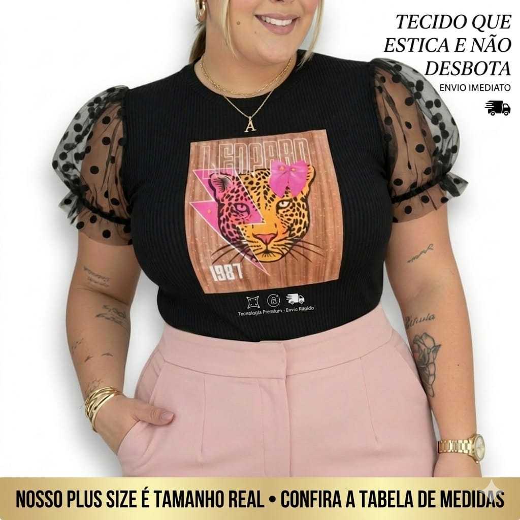 Blusa Feminina Plus Size Manga Curta Princesa Bufante Tule Poá Elegante ...