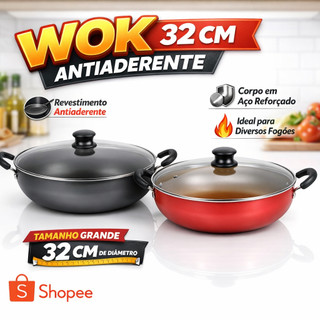 Panela Grande Wok Antiaderente Premium Com Tampa De Vidro 32cm 6 Litros ...
