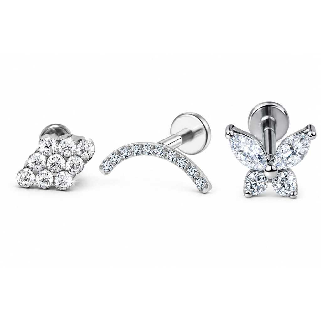 Kit Piercing/brinco Orelha Prateado Titanium Zircônia Tragus Helix Flat ...
