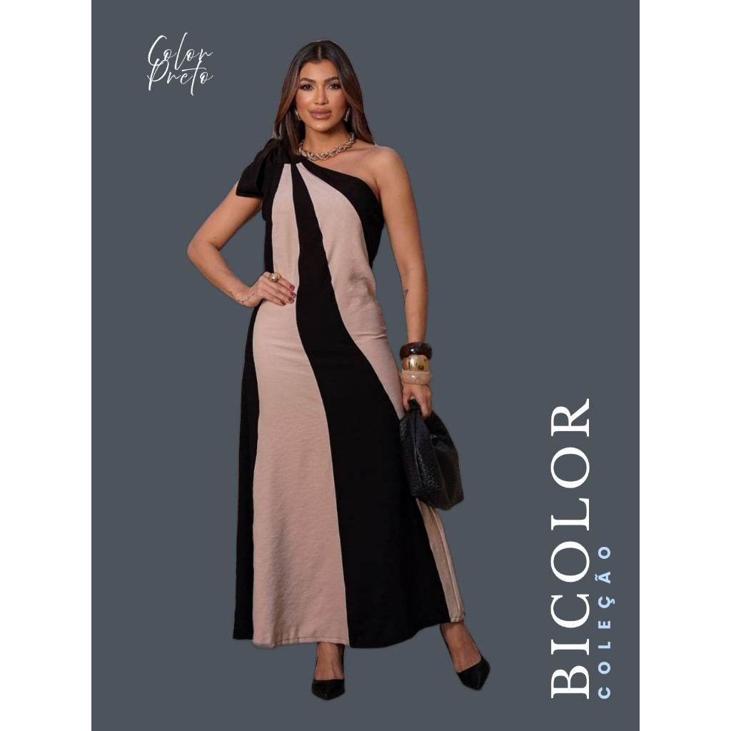 Vestido Feminino Longo Bicolor Viscose Premium um Ombro Só Fluido Luxo ...