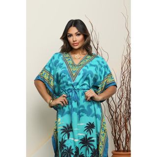 Vestido Kaftan Longo Feminino Azul Turquesa Estampa Tropical Boho Chic ...