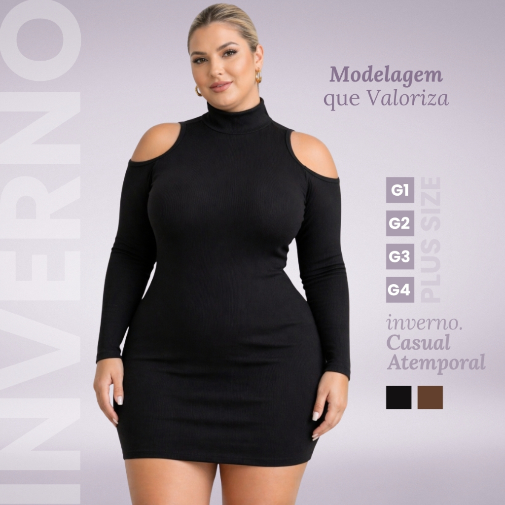 Vestido Plus Size Ombro Vazado Gola Alta Justo Elegante Moda Feminina ...