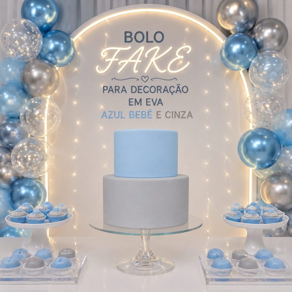 Bolo Fake De 2 Andar em Isopor Revestido de EVA Azul Bebê e Cinza Chá ...