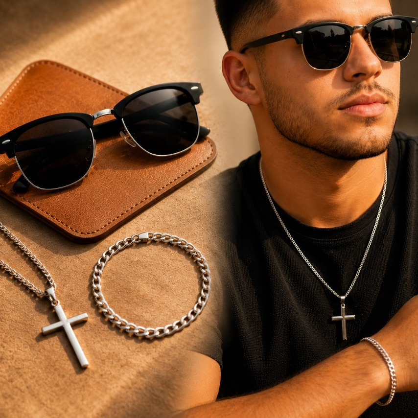 Kit Óculos de Sol Masculino Club Miami Vintage Retro UV400 Corrente ...