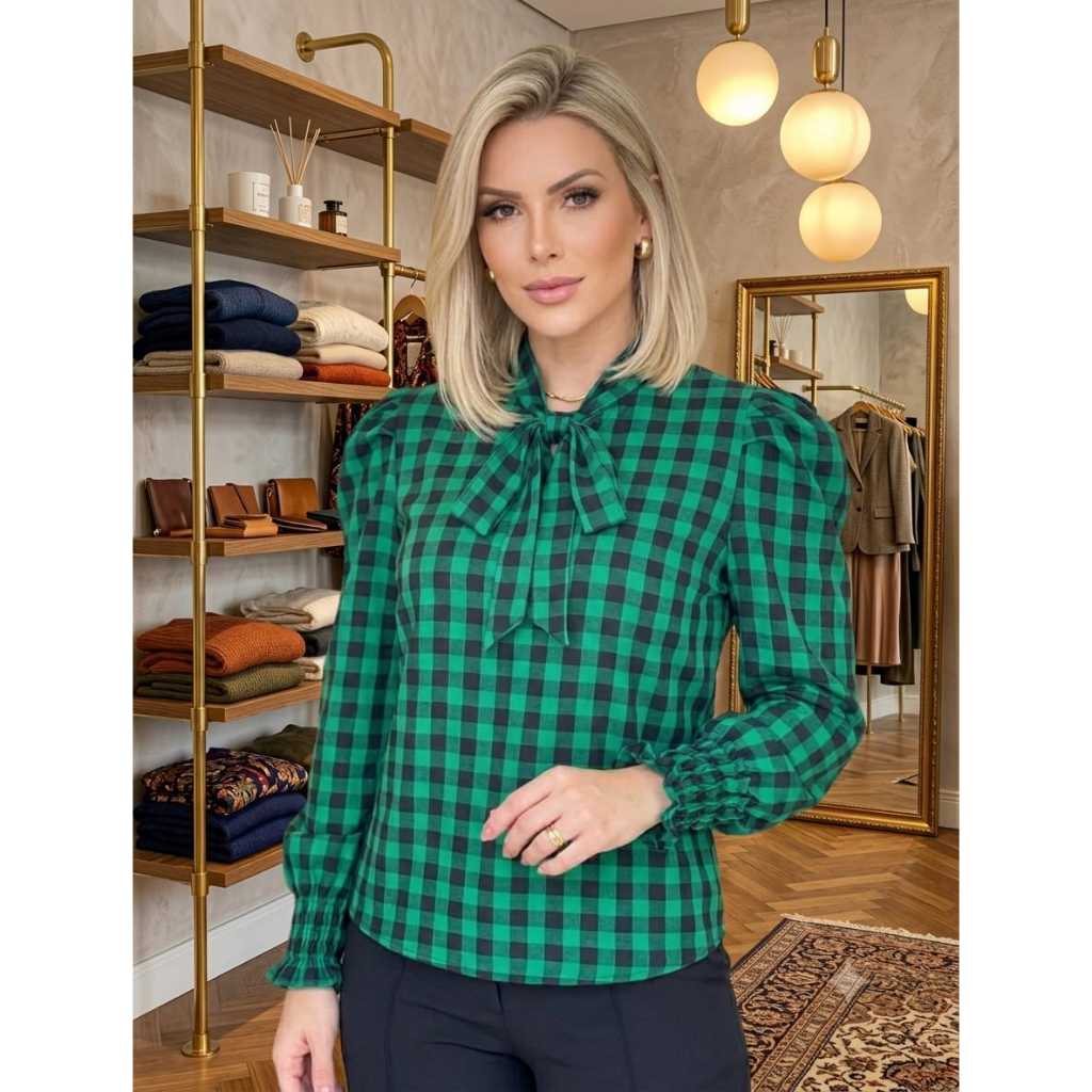 Blusa Feminina Xadrez Quadriculada Camisa Elegante Gola Laço Manga ...