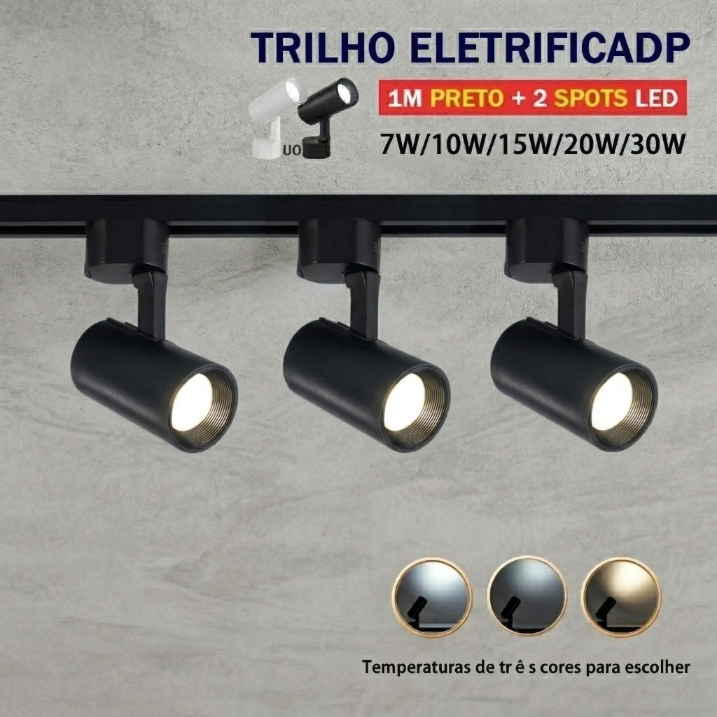 Kit Trilho Eletrificado 1 Metro 3 Spots LED Bivolt 360° Foco Sala ...