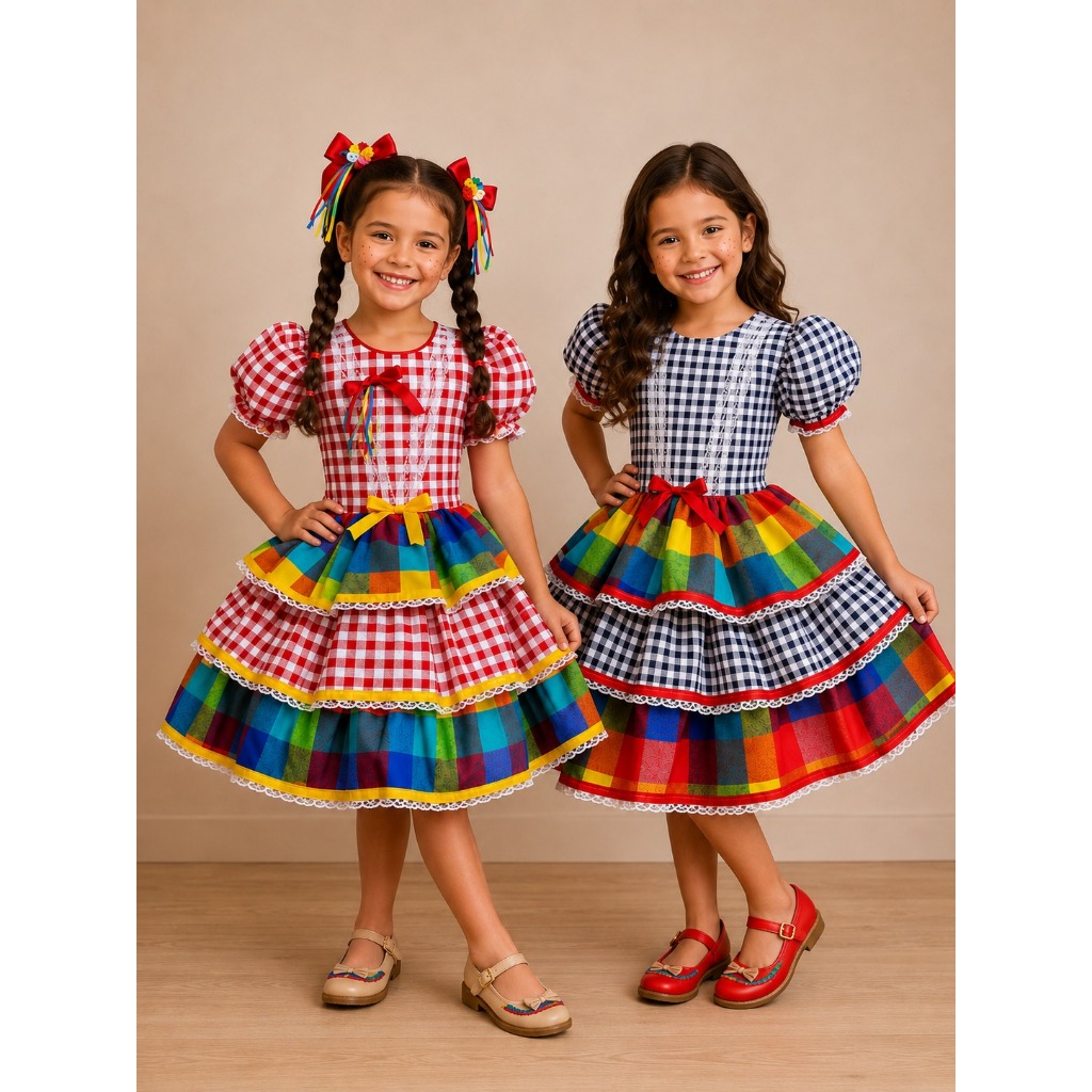 Vestido Junina Infantil Menina Caipira Xadrez Azul e Vermelho | Shopee ...
