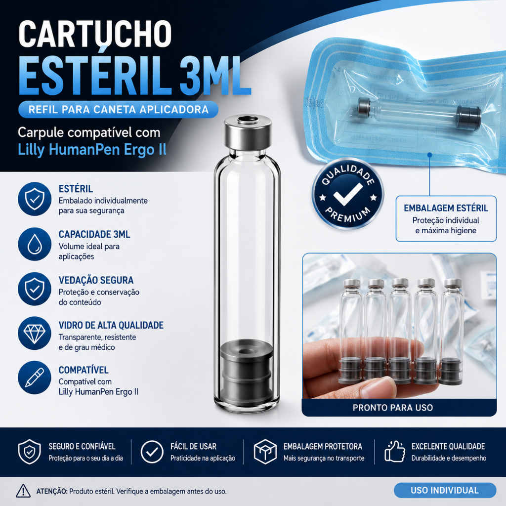 Cartucho Estéril 3ml, refil para caneta aplicadora. Carpule compatível ...