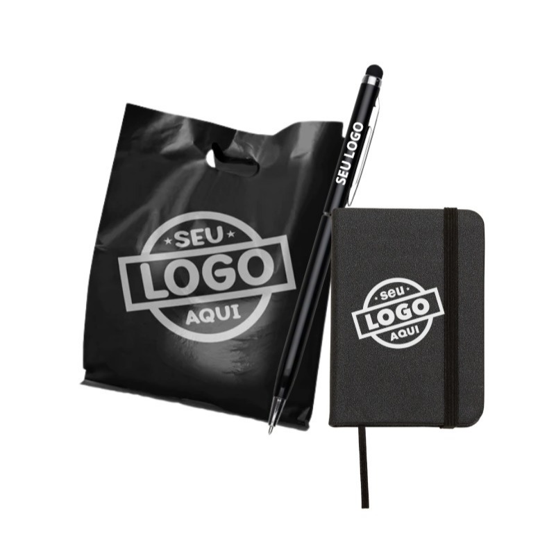 kit 5-20 sacola + Moleskine + Caneta Touch personalizado com logo ...