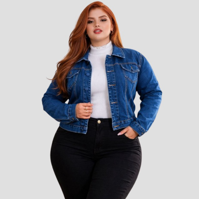 Jaqueta Feminina Plus Size Sarja Manga Longa Bolsos Cores Neutras ...