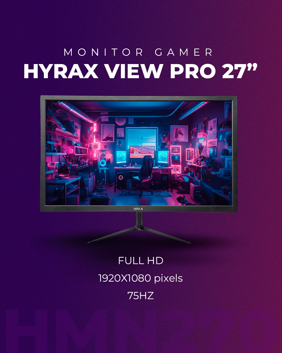 Monitor Gamer Hyrax, Led 27", HDMI, VGA, VESA, 16:9, 75hz, Full HD ...