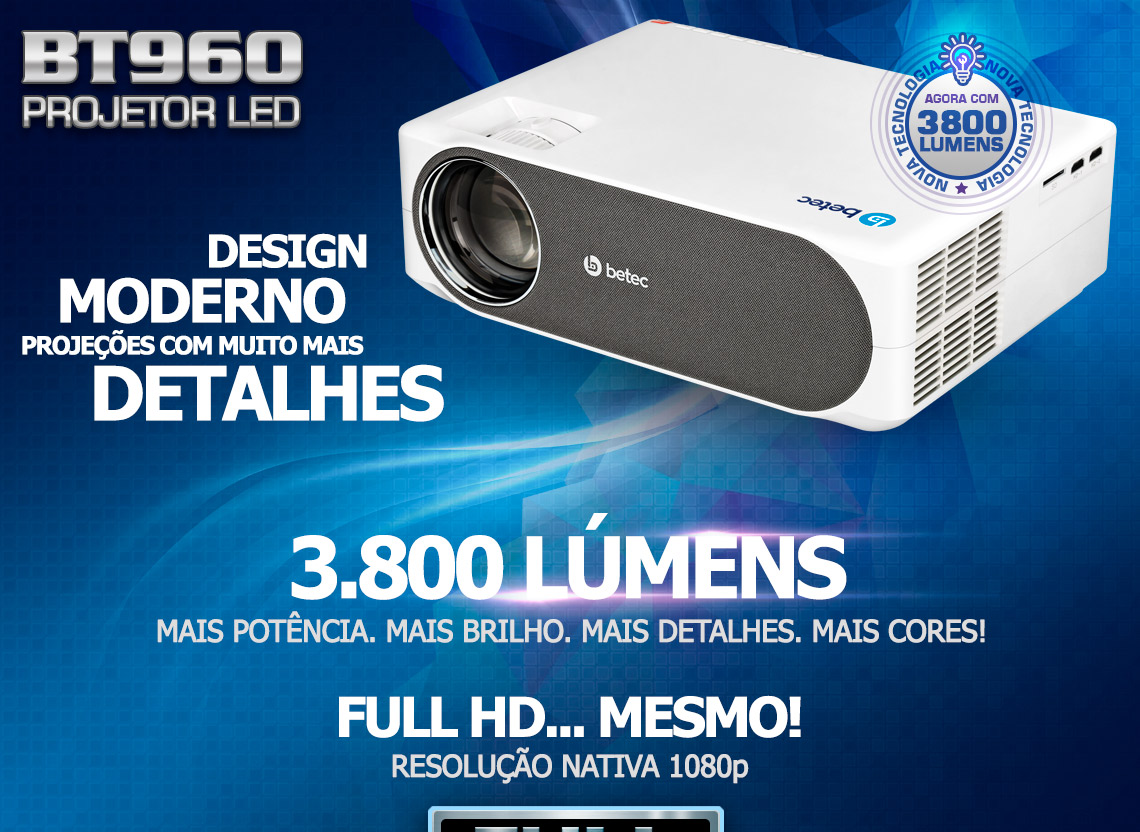 Projetor Led - Betec BT960 - 3800 Lumens - Full HD Nativo - Até 250 ...