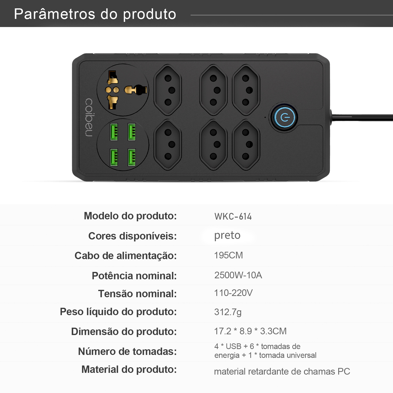 COIBEU Extensão Elétrica 2m/5m 10A Com 6 tomadas de energia 1 tomadas universal 4 USB Bivolt ...