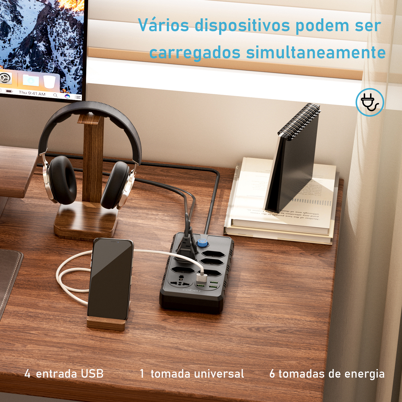 COIBEU Extensão Elétrica 2m/5m 10A Com 6 tomadas de energia 1 tomadas universal 4 USB Bivolt ...