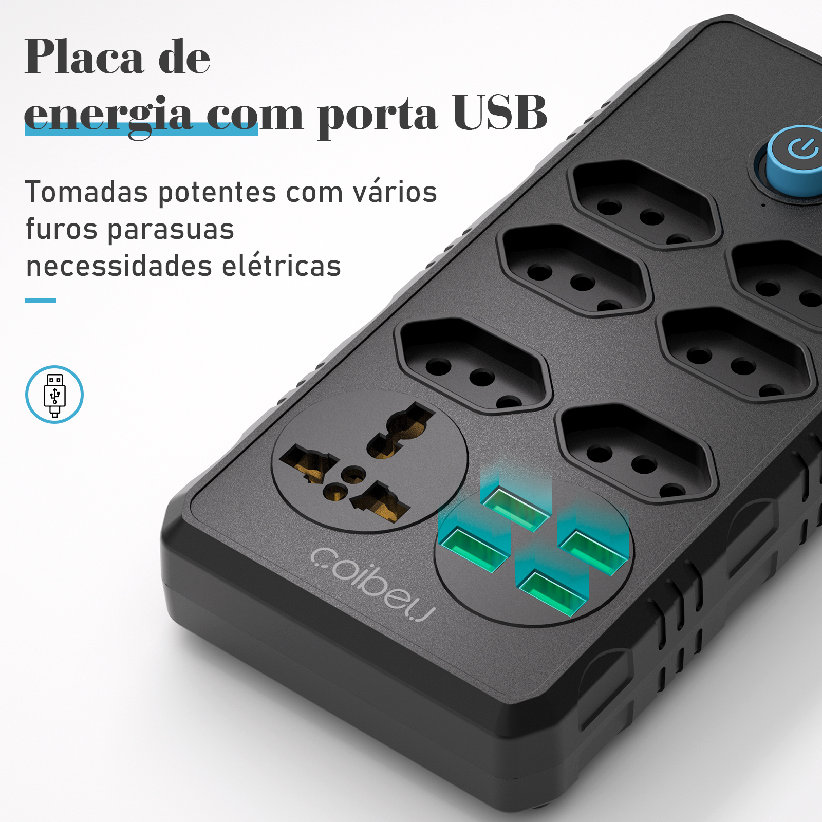 COIBEU Extensão Elétrica 2m/5m 10A Com 6 tomadas de energia 1 tomadas universal 4 USB Bivolt ...