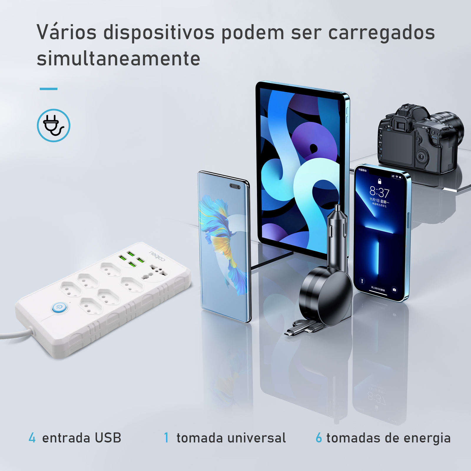 COIBEU Extensão Elétrica 2m/5m 10A Com 6 tomadas de energia 1 tomadas universal 4 USB Bivolt ...