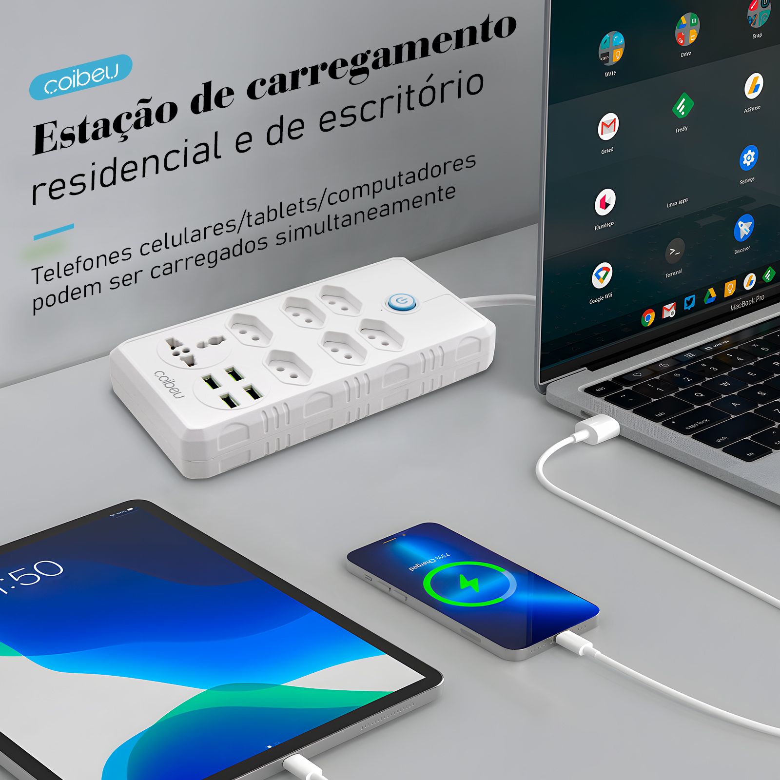 COIBEU Extensão Elétrica 2m/5m 10A Com 6 tomadas de energia 1 tomadas universal 4 USB Bivolt ...