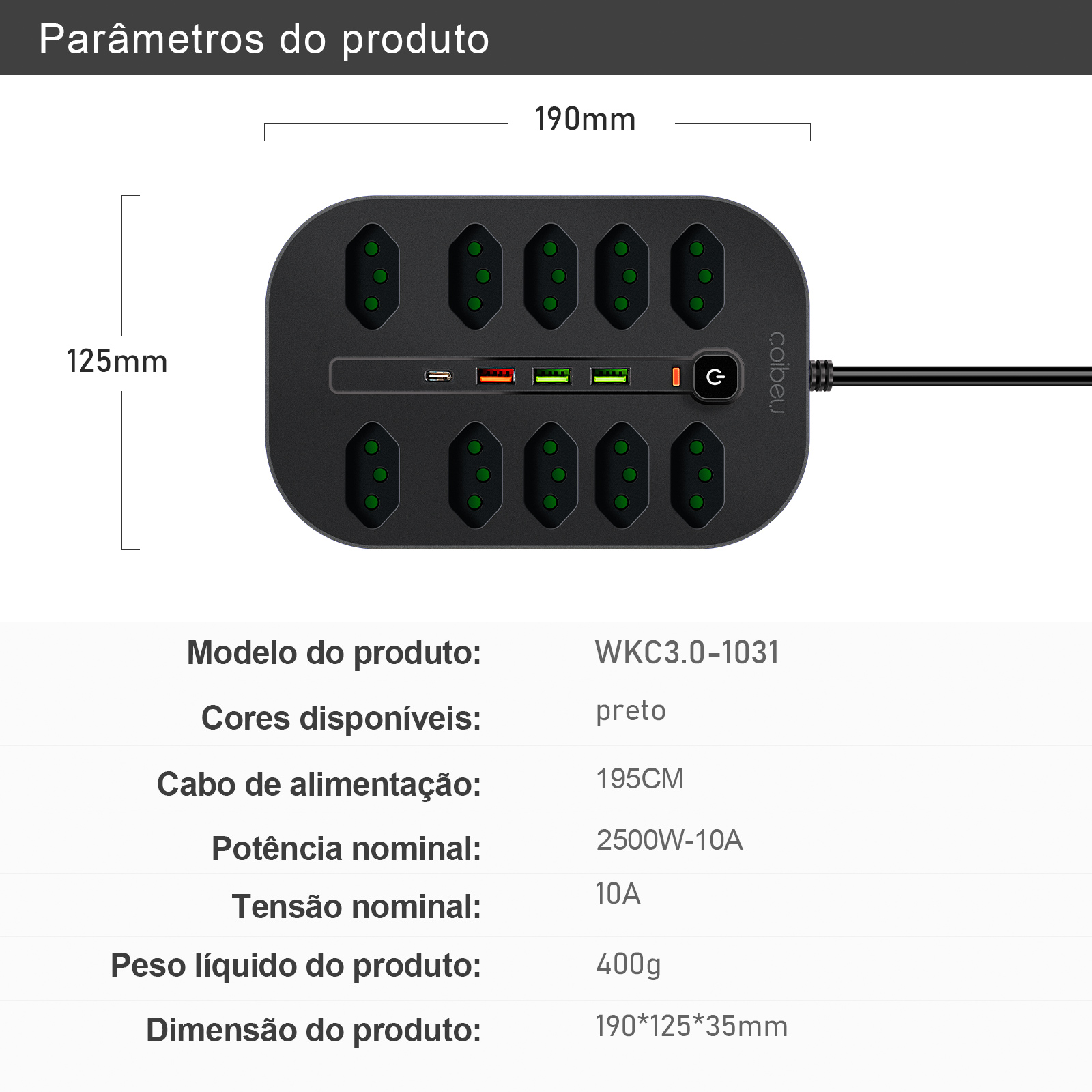 COIBEU Extensão Filtro de Linha 10 Tomadas 3 USB 1 Tipo-C Bivolt Power 2500W 10A 2 metros ...