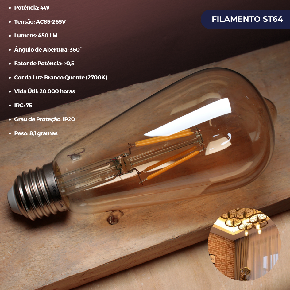 Kit 10 Lâmpada Filamento LED E27 Luz Quente 4W Âmbar Retrô Vintage Bivolt | G45 | A60 | ST64 ...