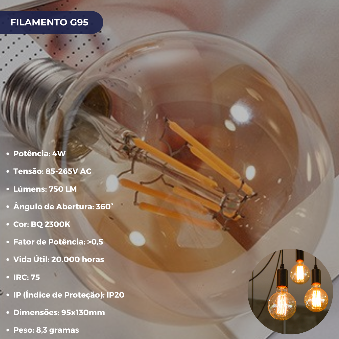 Kit 10 Lâmpada Filamento LED E27 Luz Quente 4W Âmbar Retrô Vintage Bivolt | G45 | A60 | ST64 ...