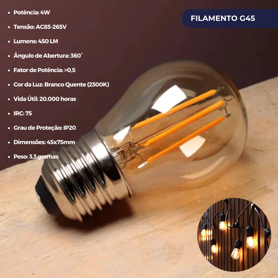 Kit 10 Lâmpada Filamento LED E27 Luz Quente 4W Âmbar Retrô Vintage Bivolt | G45 | A60 | ST64 ...