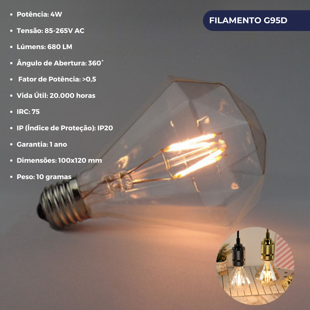 Kit 10 Lâmpada Filamento LED E27 Luz Quente 4W Âmbar Retrô Vintage Bivolt | G45 | A60 | ST64 ...