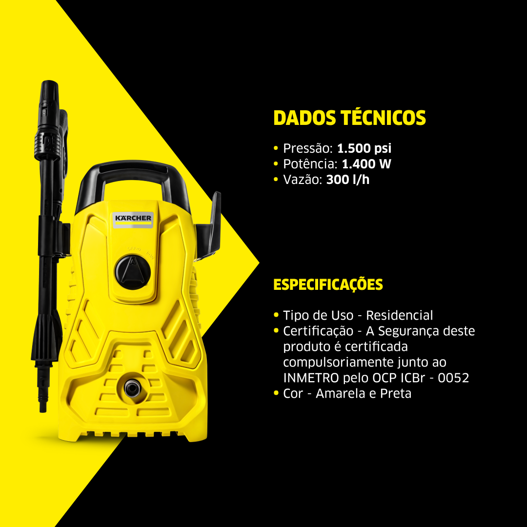Lavadora de Alta pressão Kärcher Compacta 1500 PSI/Libras 1400W 300L/h com Aplicador de ...