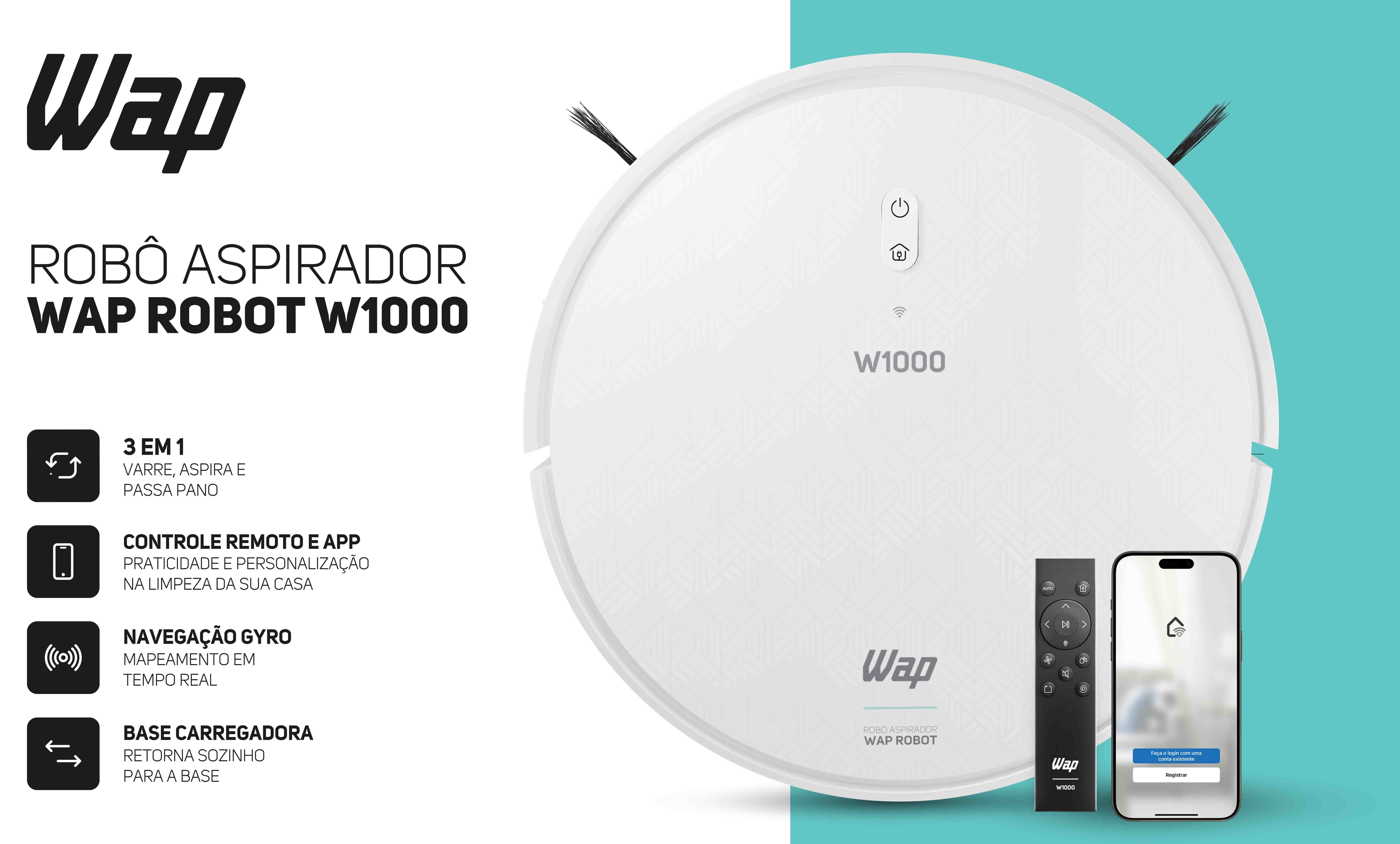 Robô Aspirador de Pó Inteligente Wap Robot W1000 Com Mapeamento Passa Pano Sensor Antiqueda ...