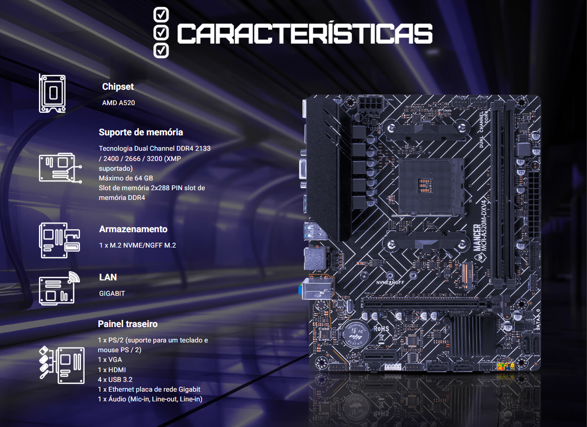 Placa Mae Mancer A520M DX, DDR4, Socket AMD AM4, M-ATX, Chipset AMD ...