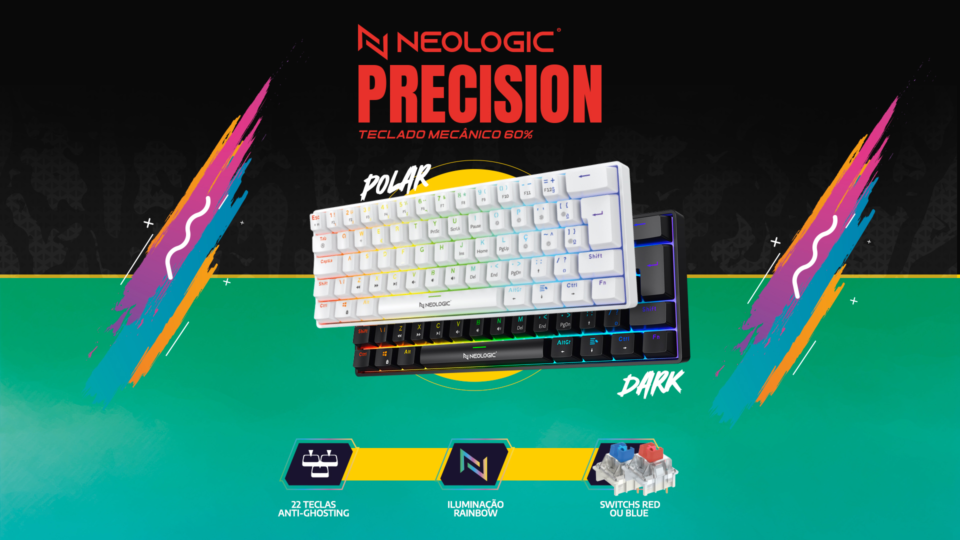 TECLADO GAMER MECÂNICO NEOLOGIC PRECISION DARK 60% RAINBOW 61 TECLAS SWITCH RED PRETO CABO TIPO ...