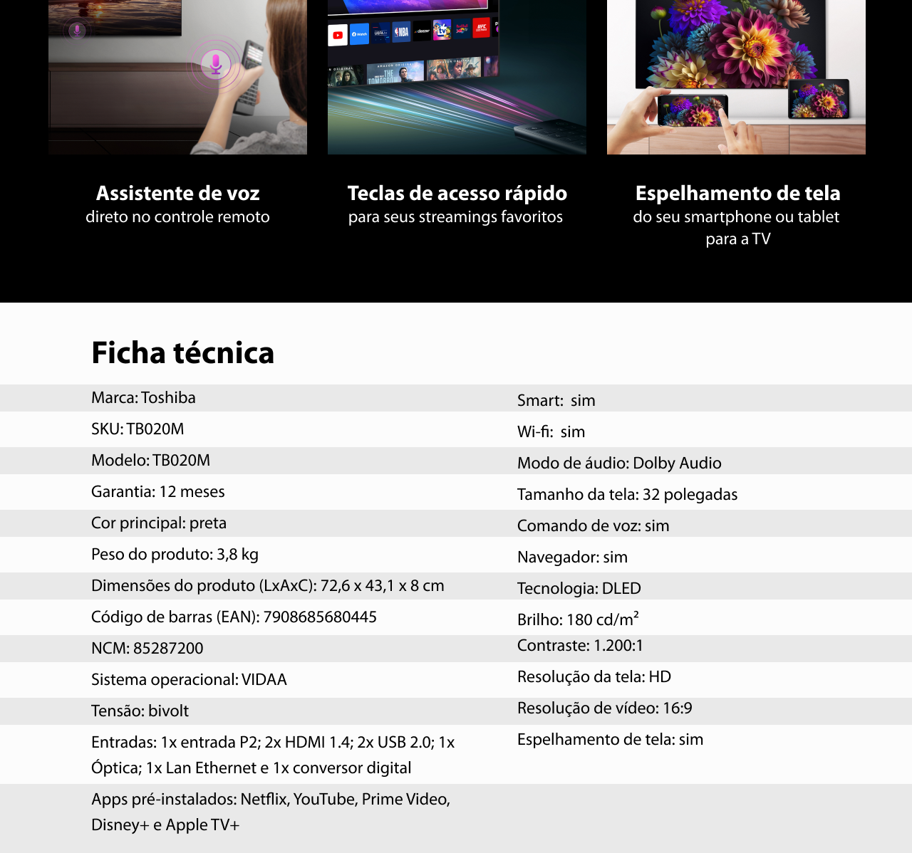 Smart TV DLED 32 HD Toshiba VIDAA 2HDMI 2USB Wi-Fi | Shopee Brasil