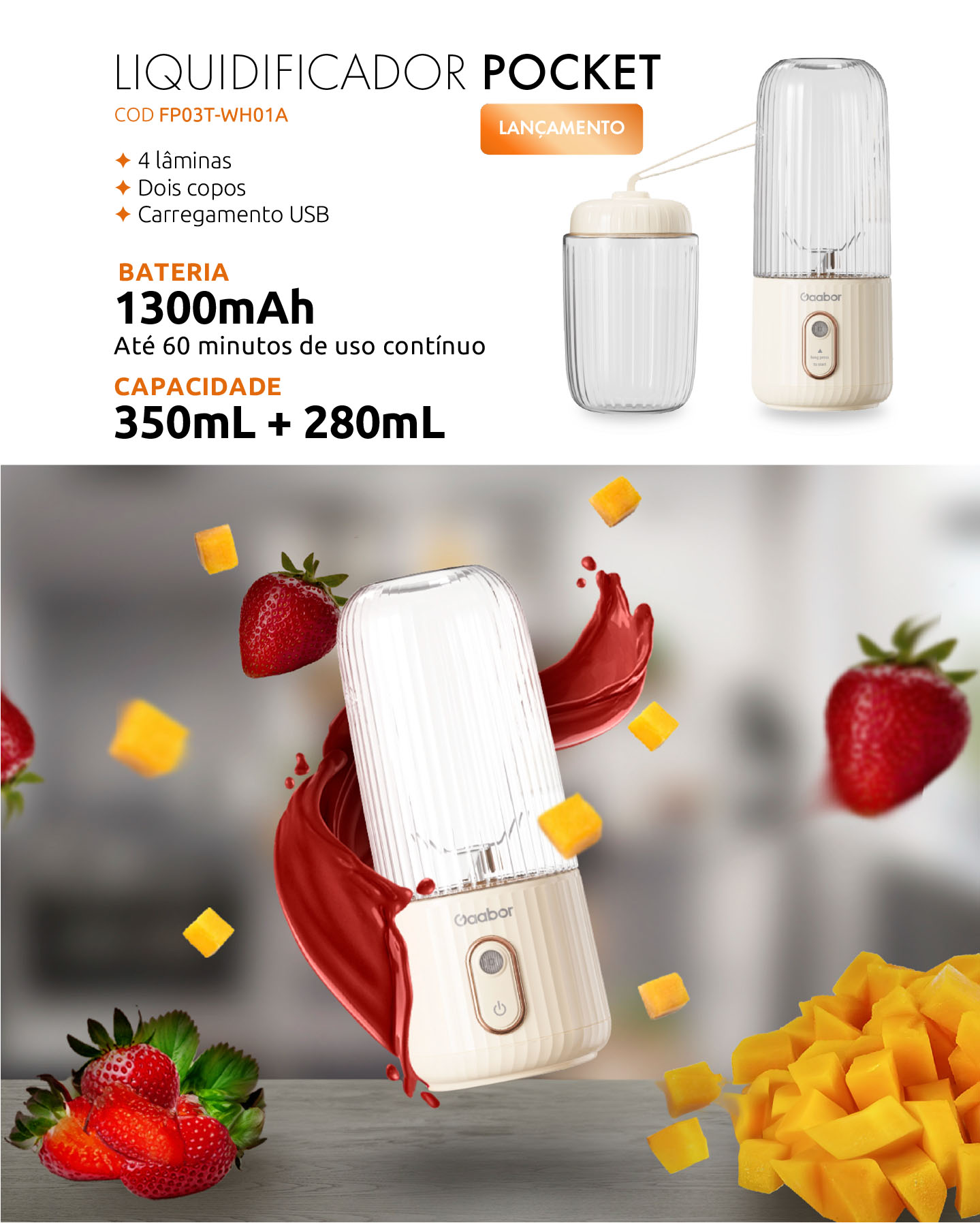 Liquidificador Pocket Gaabor Portátil Usb 2 Copos C/ 350ml E 280ml 4 Lâminas | Shopee Brasil