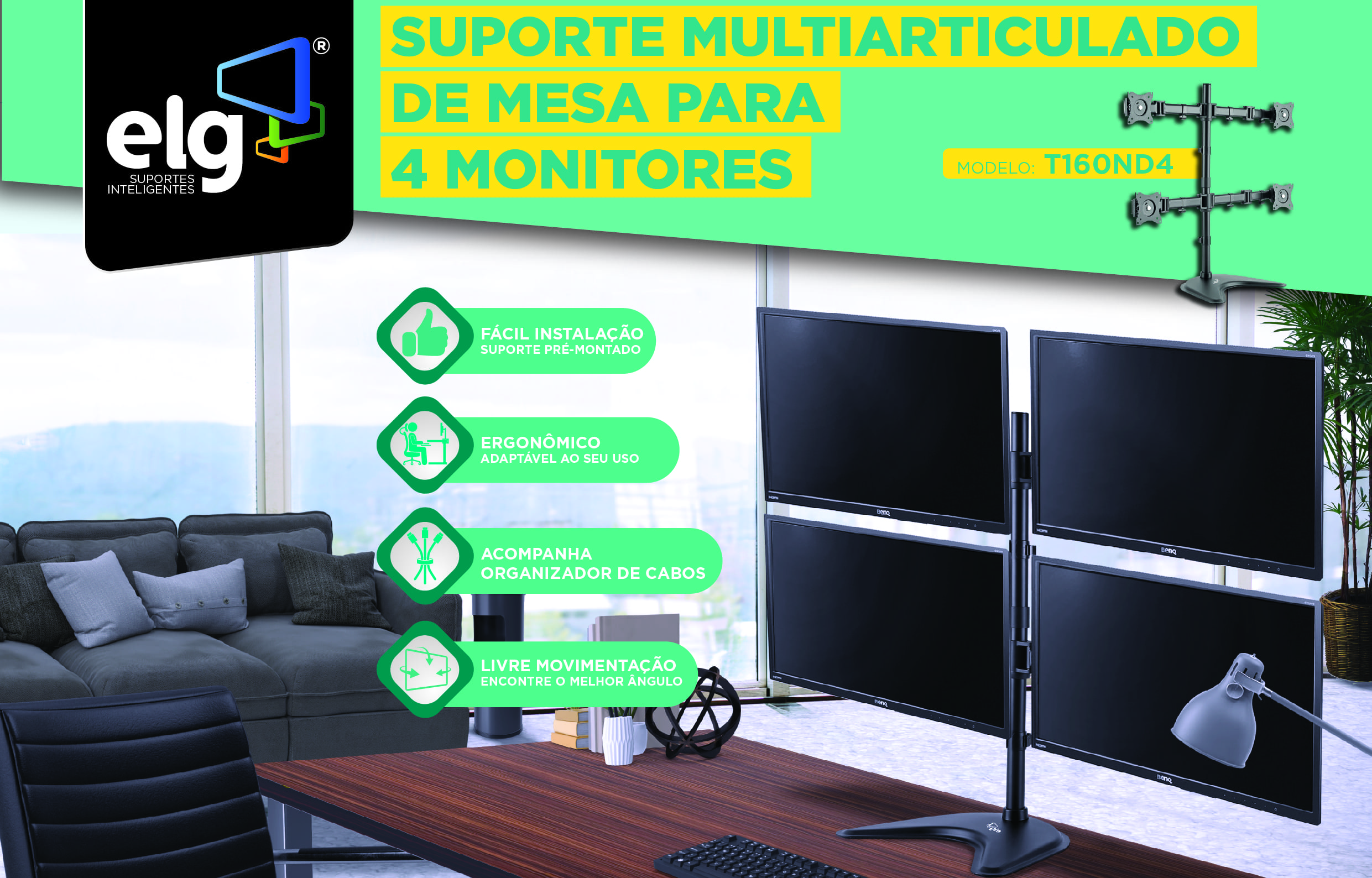 Suporte Articulado de Mesa, ELG, T160ND4, 4 Monitores 15" a 27", Ajuste ...