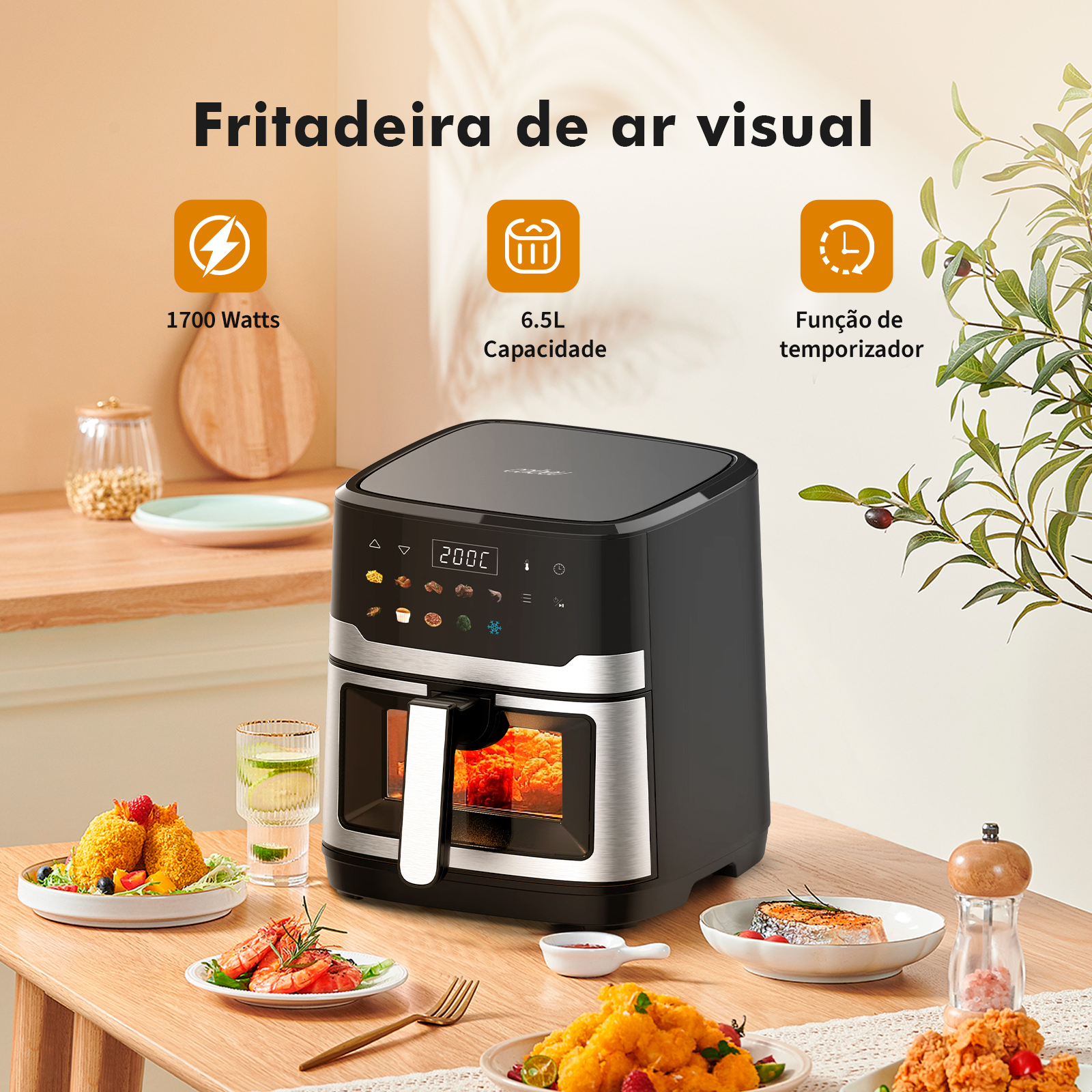 COIBEU Fritadeira Elétrica Air Fryer 6,5L Inox Tela Inteligente ...
