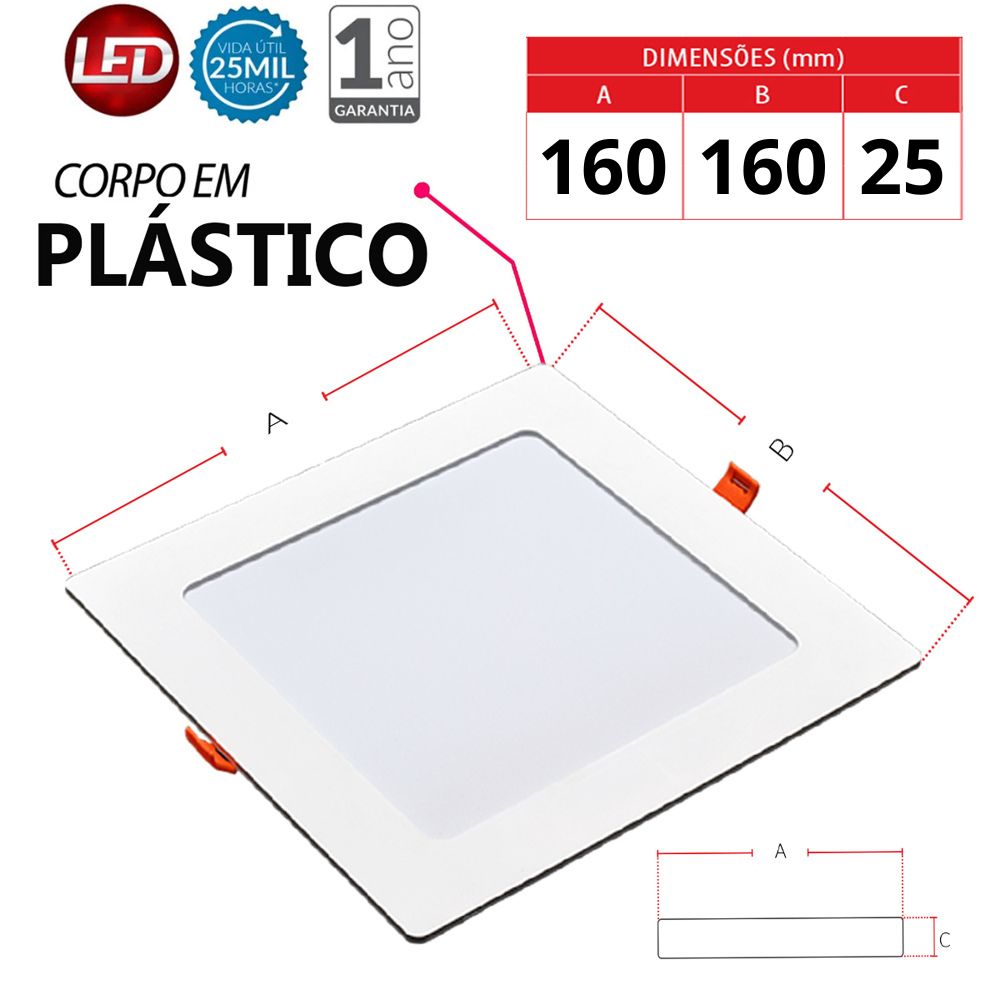 Kit 4 Painéis Plafon Quadrado Embutir 12W Luz Branca 6500K Luminária de ...