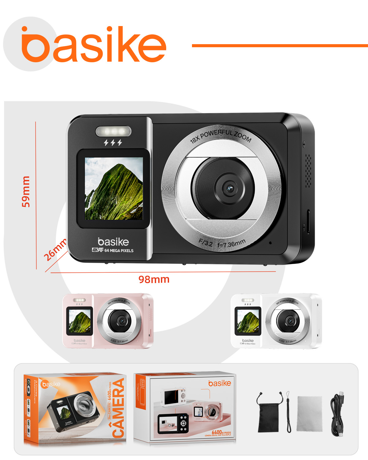 Astgn X Basike Câmera Digital 64 megapixels 4K Selfie Zoom 18X Com Tela ...
