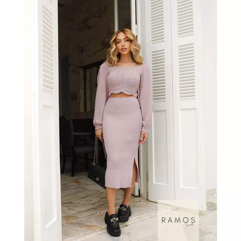 Conjunto Emily De tricot De Frio Cropped Rendado Saia Midi Manga Longa Modelagem Justa Tendencia ...