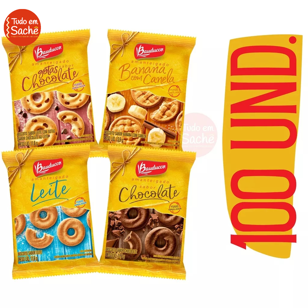 100un Biscoitos Sortidos Bauducco Sache Amanteigados 11,5g | Shopee Brasil