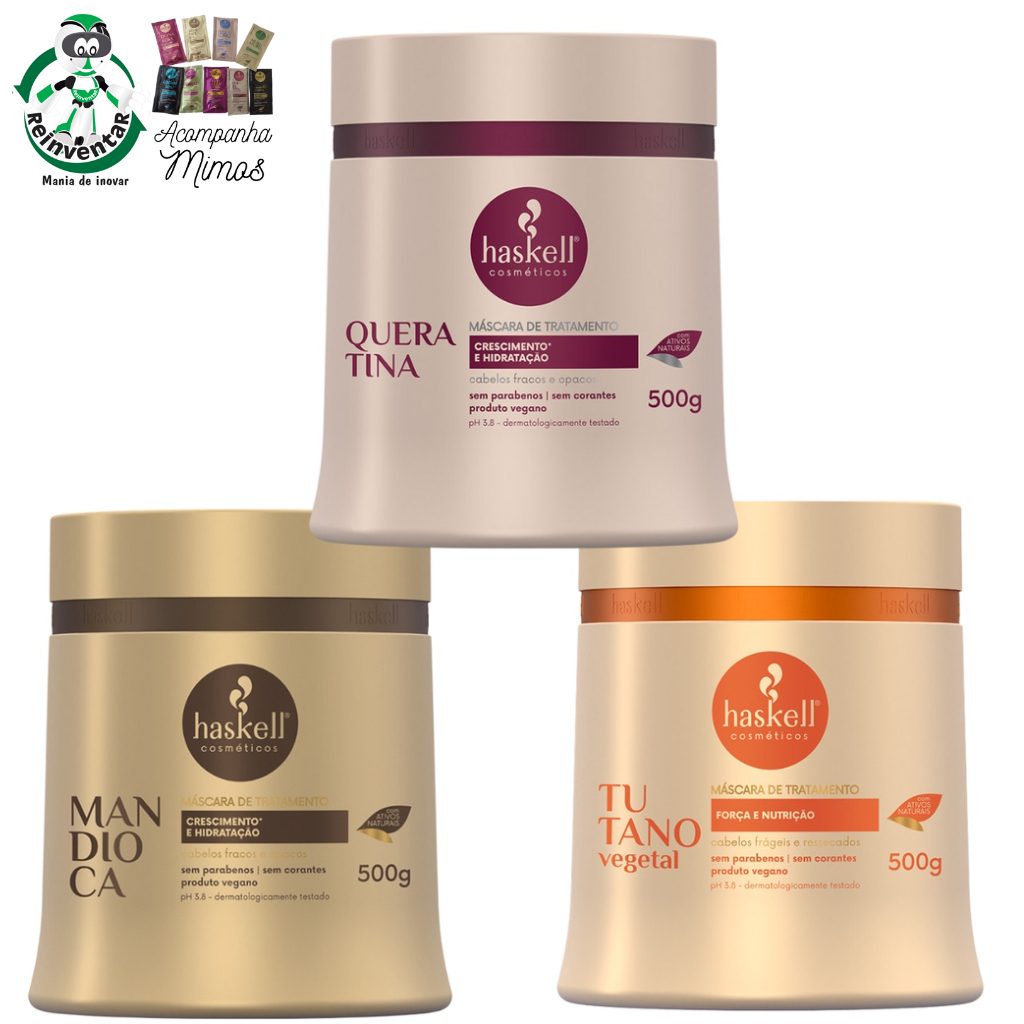 Cronograma Capilar Haskell Cabelos Finos e Ralos Máscaras Mandioca, Tutano e Queratina & B5 500g ...