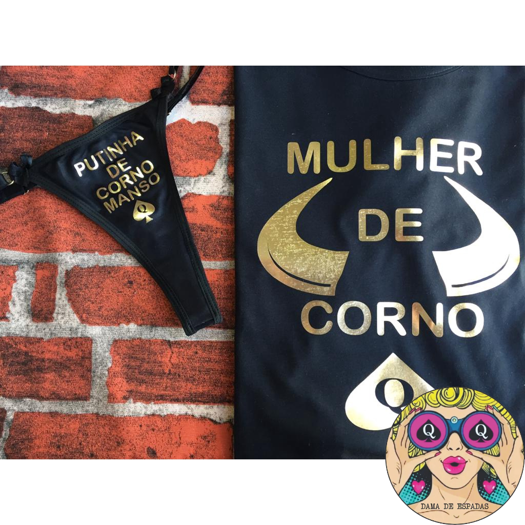 Kit fetiche Hotwife Camiseta+Calcinha pretas com dourado, Hotwife ...