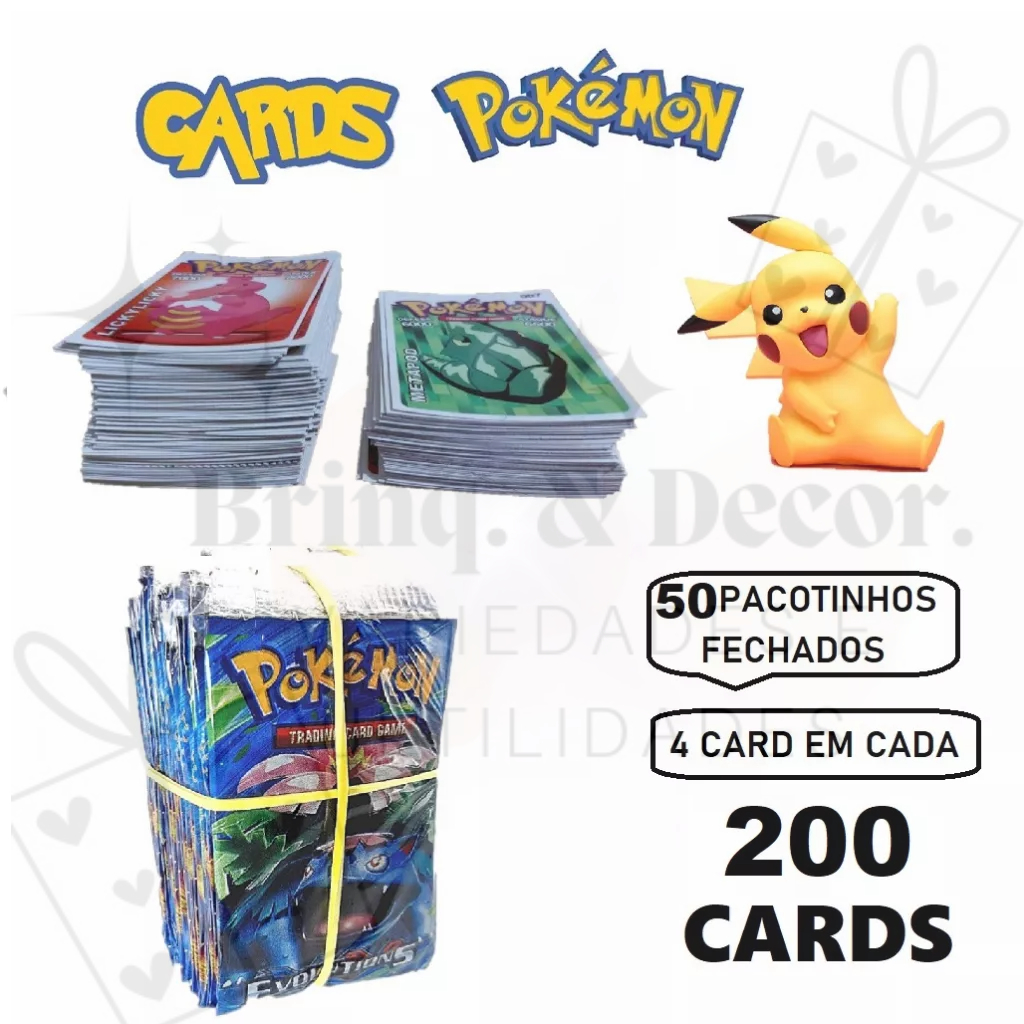 CARDS Pokemon Kit 50 Pacotinhos de cards Fechados = 200 Cartinhas Para ...