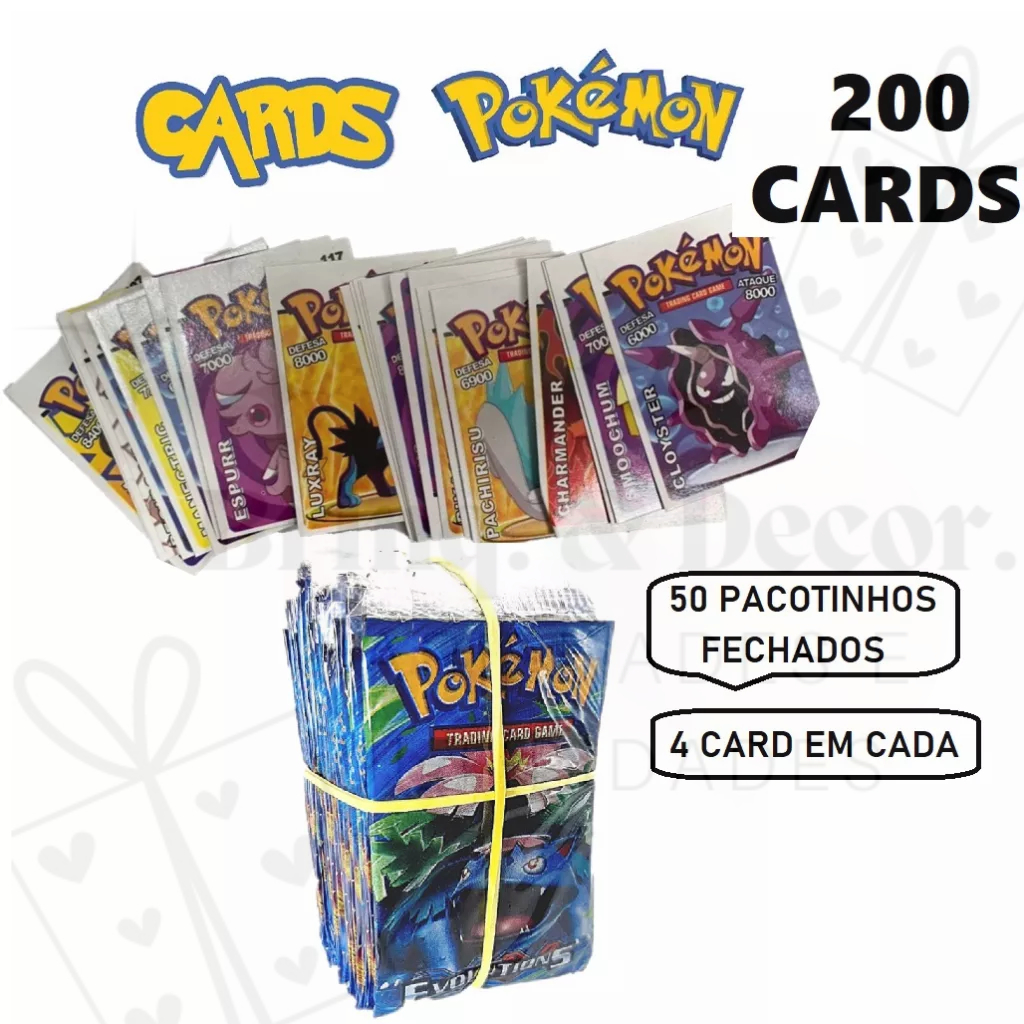 kit Pokemon 200 Cards 50 Envelopes Lacrados Brincar cartinhas Pokemon ...